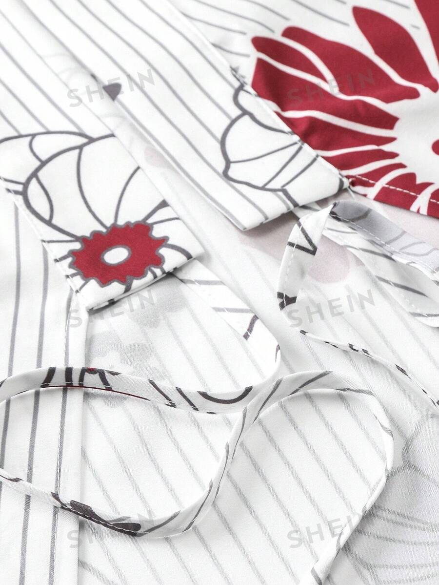 SHEIN Iroki Floral Print Batwing Sleeve Belted Bow Detail Yukata (Japanese Kimono Robe ...