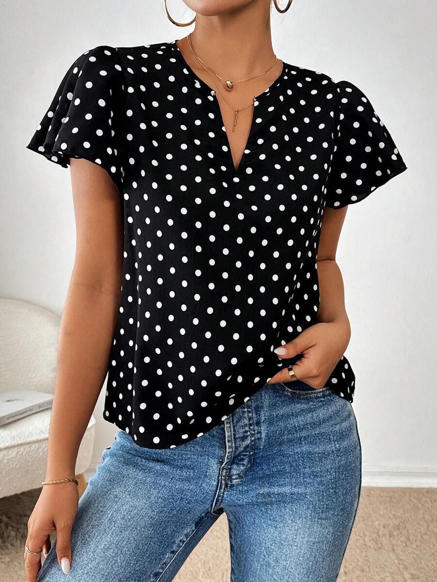 SHEIN Essnce Polka Dot Notched Neck Blouse Work Women Clothes Work ...