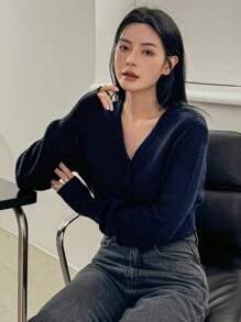 Dazy-Less Kurze Strickjacke mit durchgehendem Knopfverschluss, Langarm Tops im Old Money Stil ...