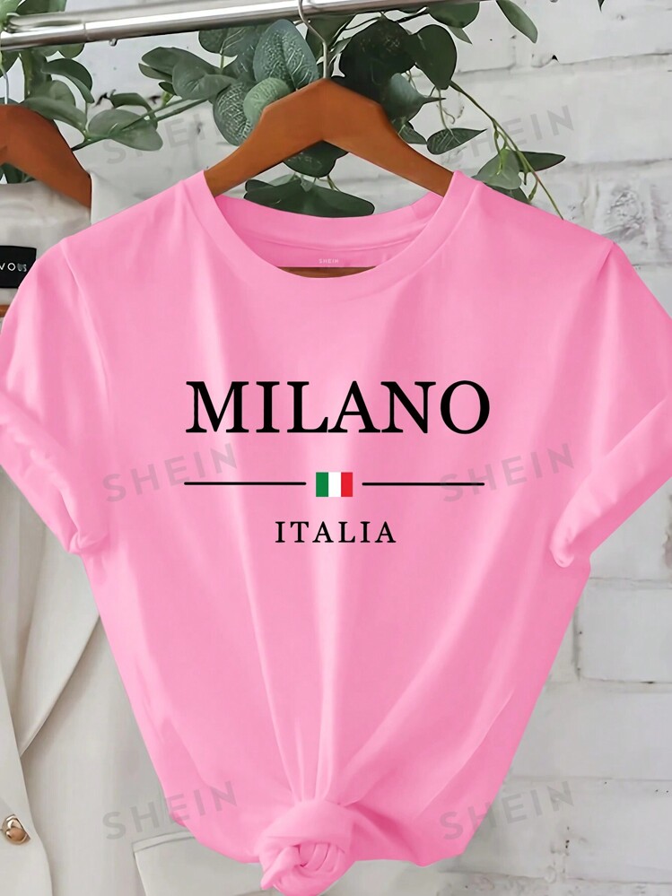 SHEIN LUNE Women s Summer Letter Graphic Round Neck Short Sleeve Casual T Shirt MILANO ITALIA Graphic Tees Women Tops