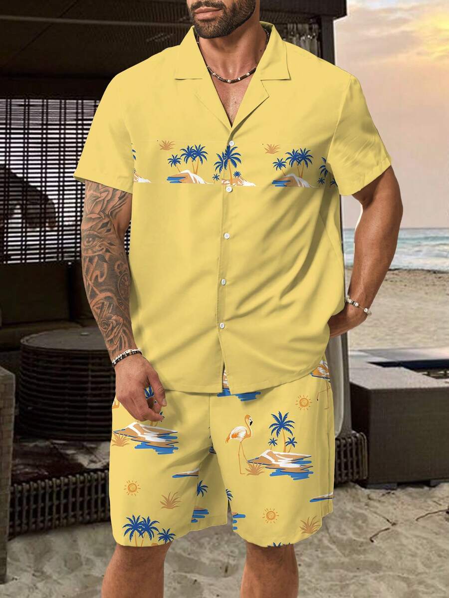 Manfinity RSRT Men's Plus Size Camp Collar Palm Tree Printed Short ...