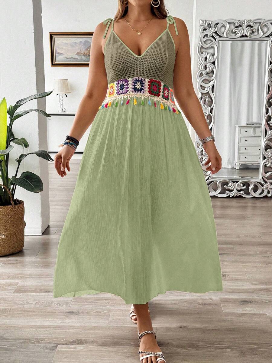 SHEIN VCAY Plus Size Retro Bohemian Style Women's V-Neck Fringed Dress ...