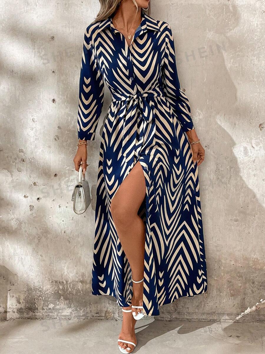 SHEIN Clasi Elegant Ladies' Shirt Collar Belted Shirt Dress Fall Women ...