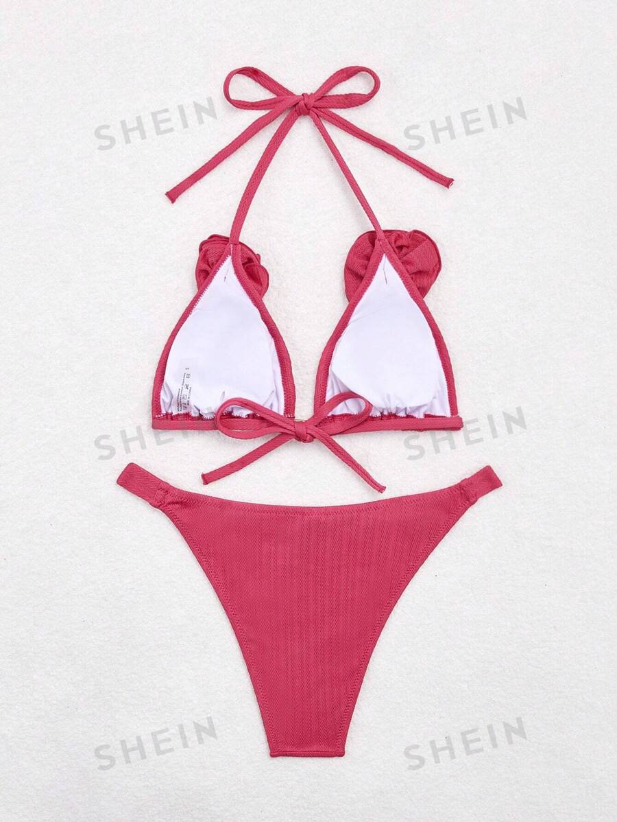 Shein Swim Womens Solid Color 3d Flower Decor Halter Neck Tie Sexy