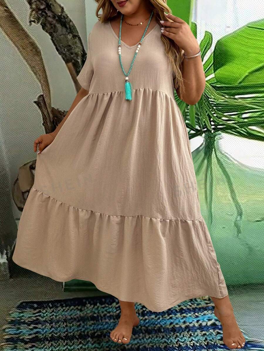 SHEIN CURVE+ Plus Size Women Summer Solid Color V-Neck Short Sleeve ...