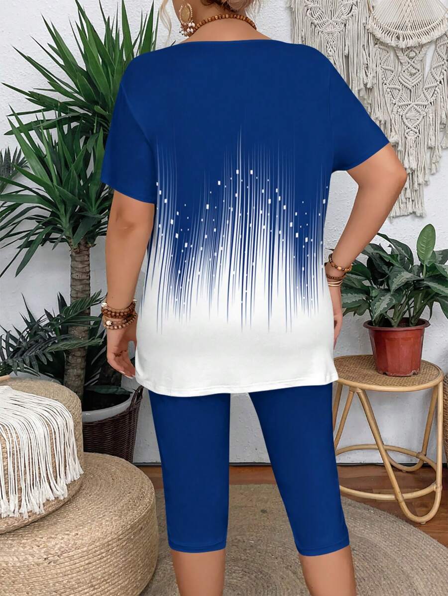 Summer Casual Color Block Short Sleeve T-Shirt And Leggings 2-Piece Set ...