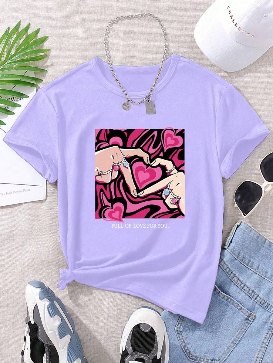 SHEIN Tween Girl Round Neck Short Sleeve T-Shirt With Letter And Heart ...