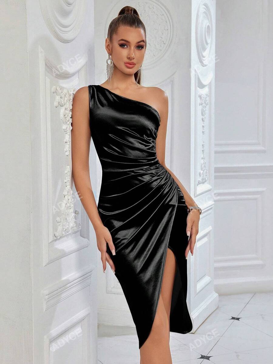 ADYCE ADYCE Solid Color One-Shoulder Gown With Pleated Details And Front Slit Midi Dress For ...