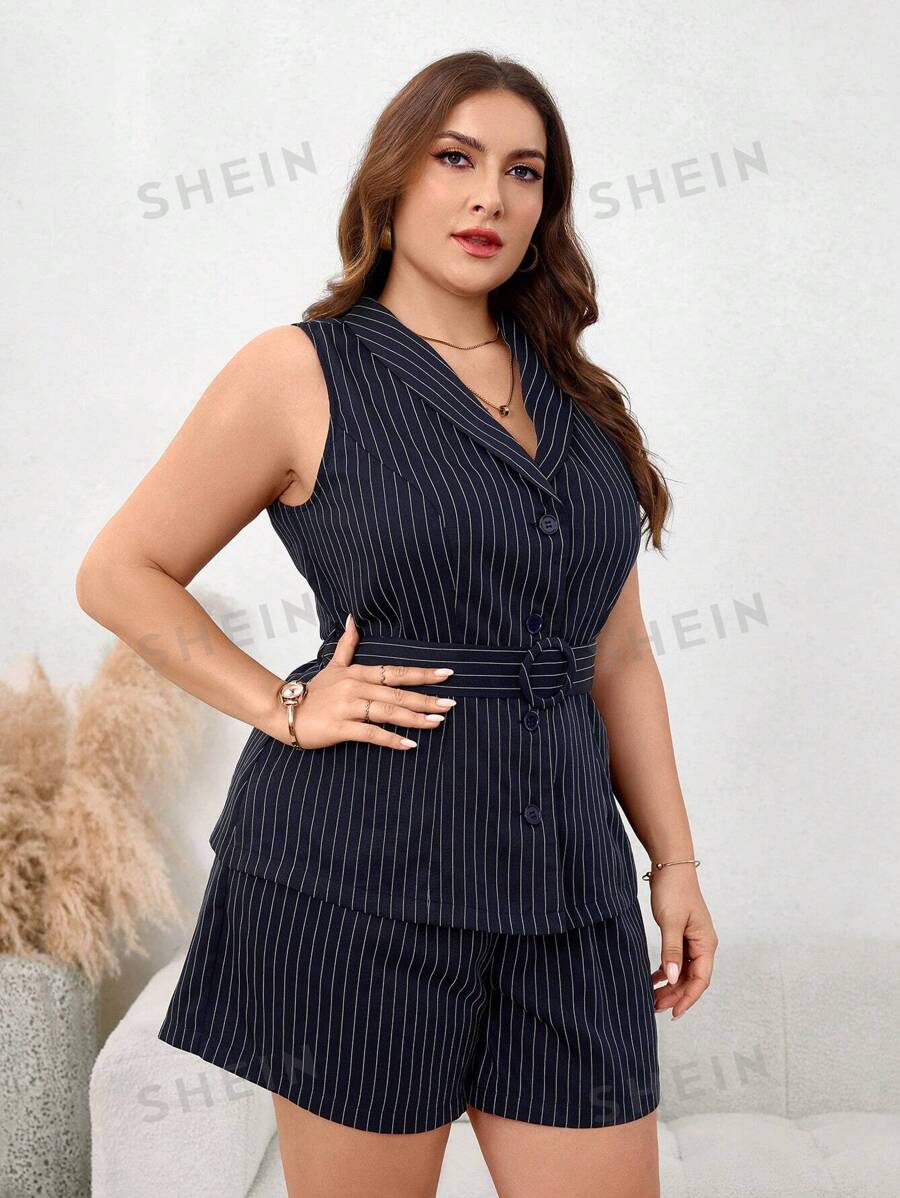 SHEIN Clasi Plus Size Elegant Striped Commuting Slim Fit Suit Set For Early Autumn | SHEIN South ...