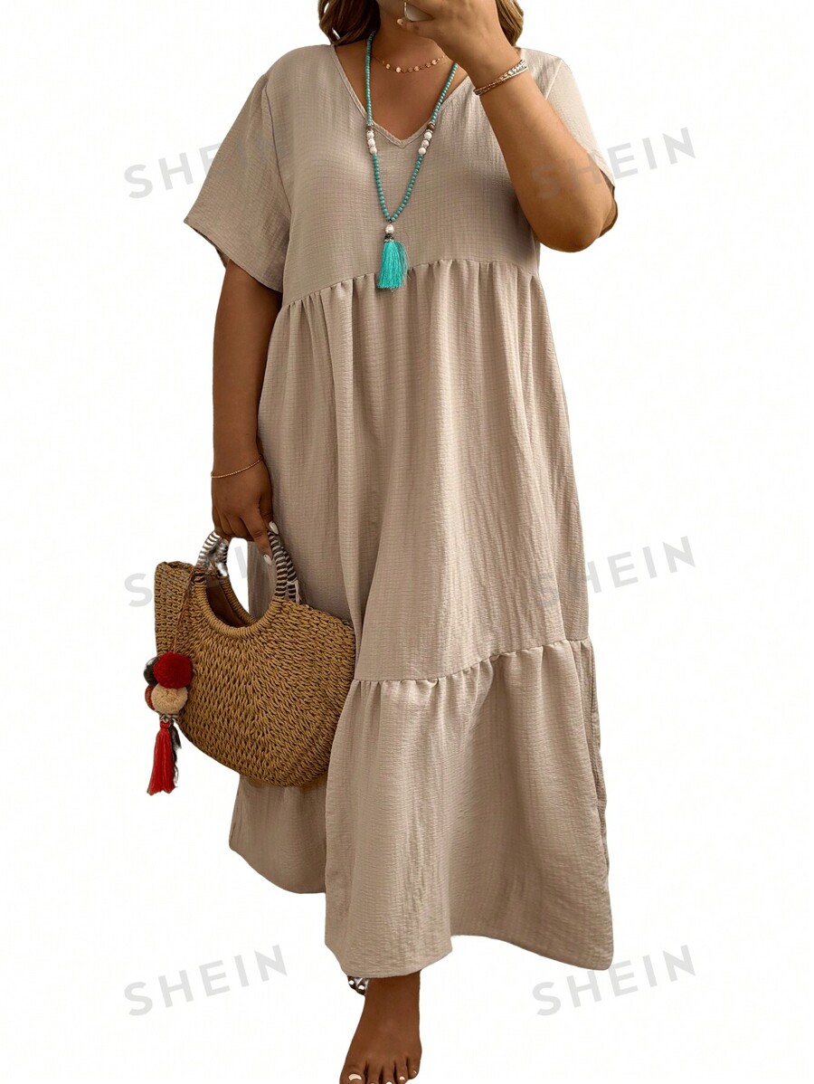 SHEIN CURVE+ Plus Size Women Summer Solid Color V-Neck Short Sleeve ...