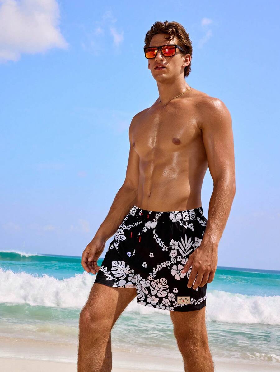 Manfinity VDAYZ ผู้ชายพืชเขตร้อนพิมพ์ Drawstring เอวกางเกงชายหาดขากว้าง ...