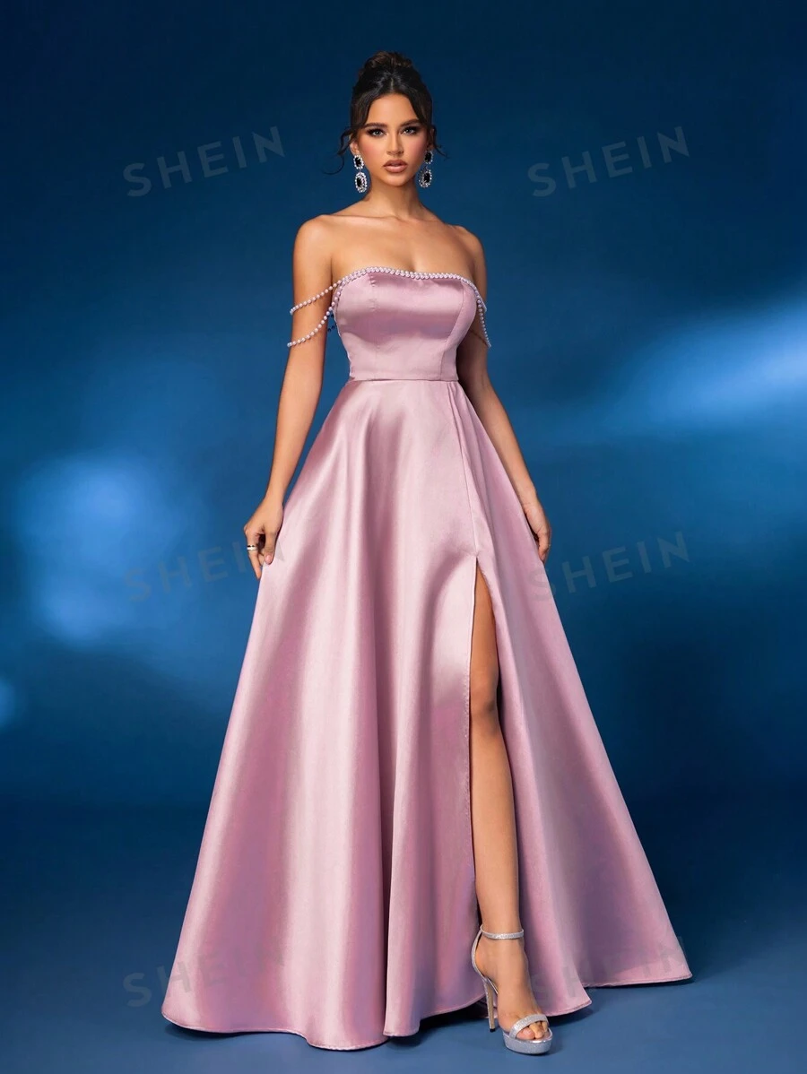 SHEIN Belle Elegant And Gorgeous Blush Off-Shoulder Neckline And Cuffs Beaded High Slit A-Line ...