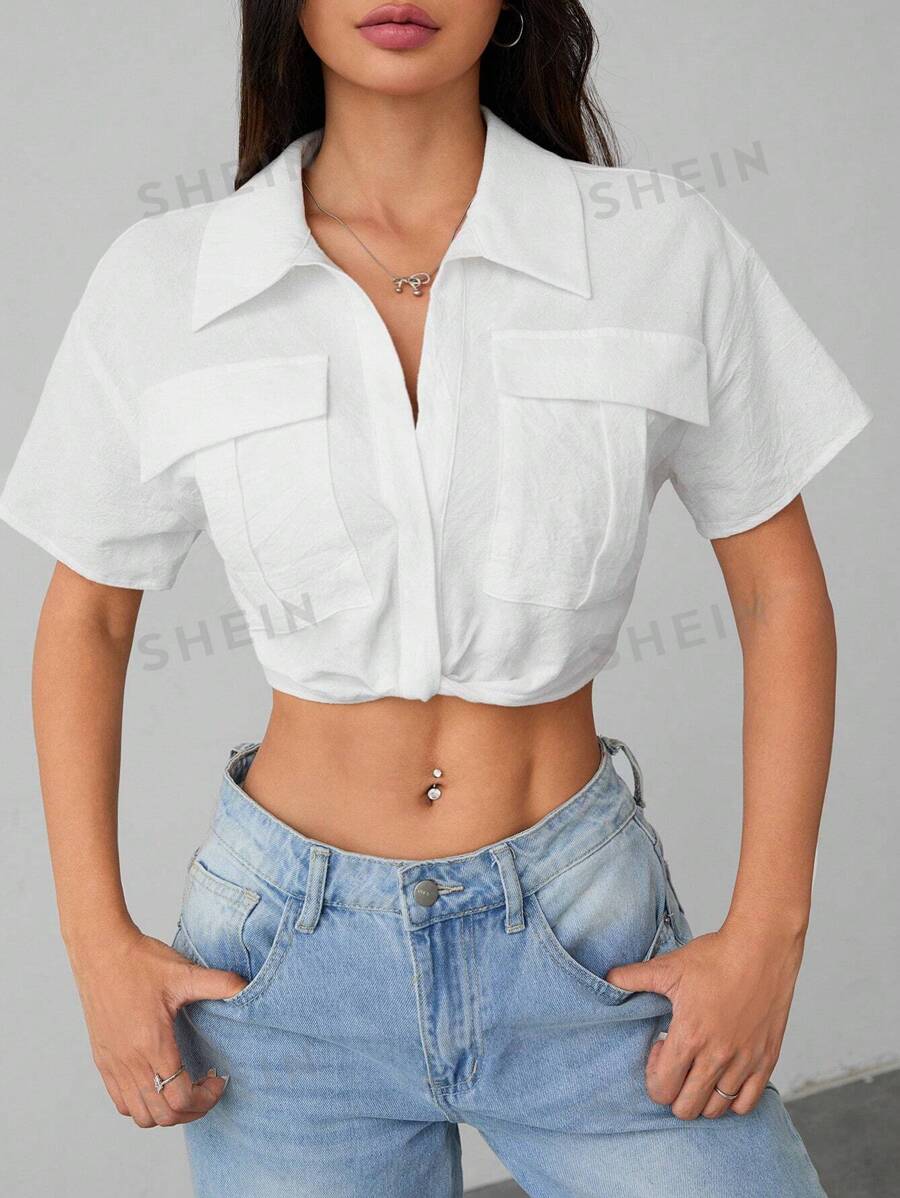 SHEIN PETITE Summer Going Out Tweaking In The Front Flap Pocket Drop ...