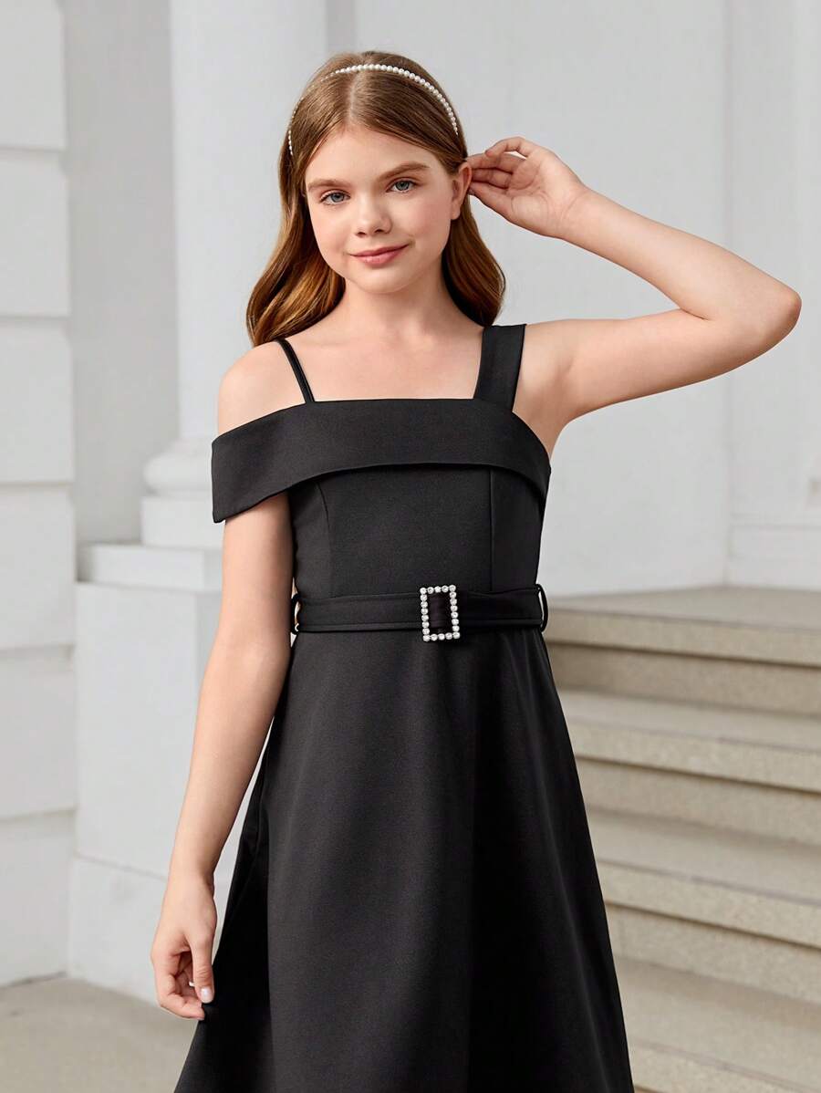 SHEIN Tween Girl Casual Solid Black Sleeveless Cinched Waist Woven ...