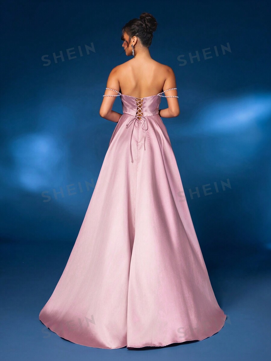 SHEIN Belle Elegant And Gorgeous Blush Off-Shoulder Neckline And Cuffs Beaded High Slit A-Line ...