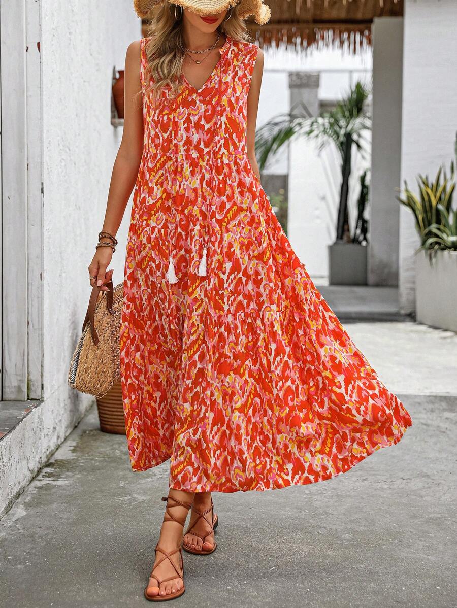 Breezaya Women's Random Printed Sleeveless Casual Dress, Simple Style ...