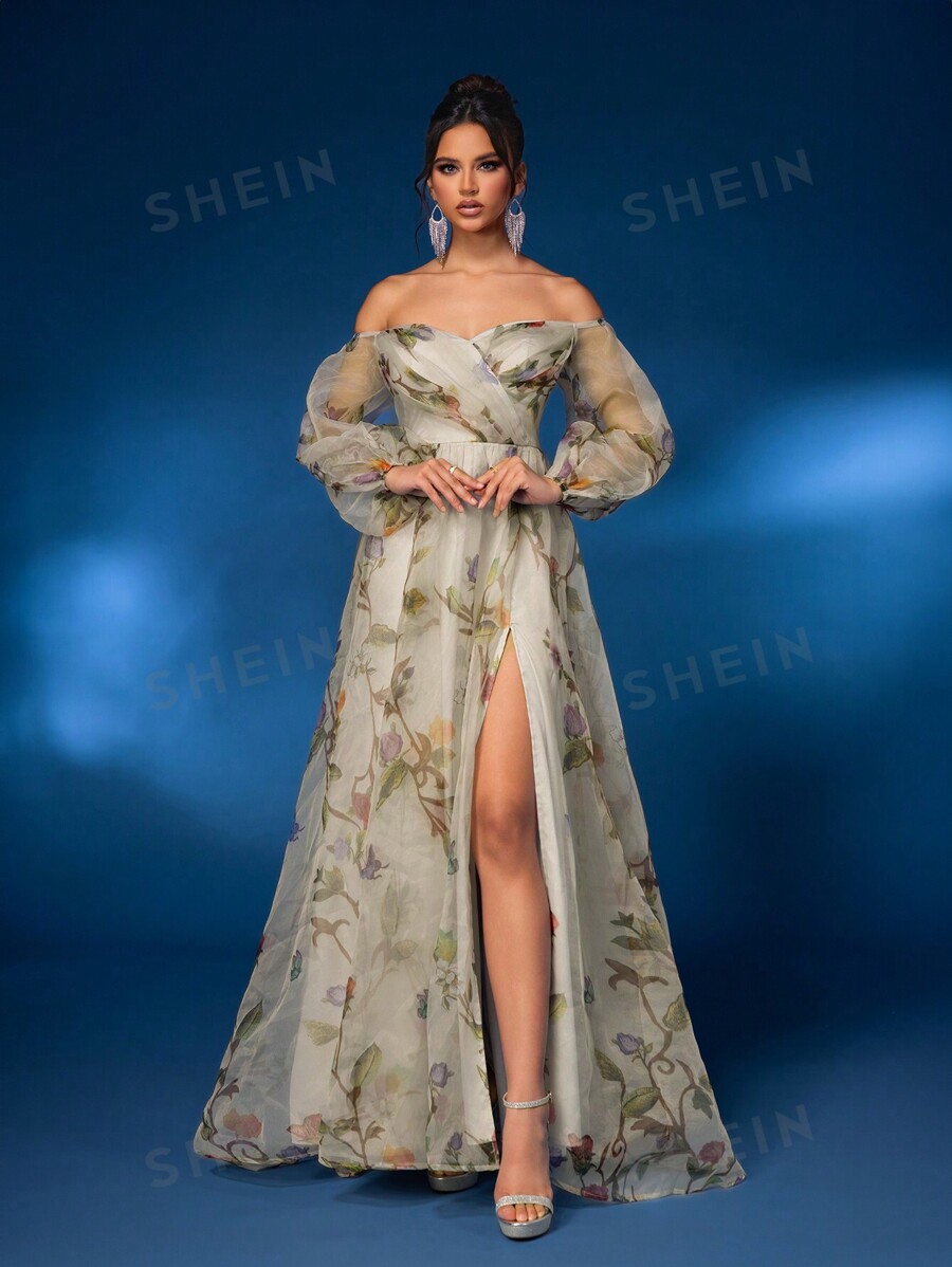 SHEIN Belle Elegante, hermoso y lindo vestido largo con mangas de linterna y corte fuera del ...