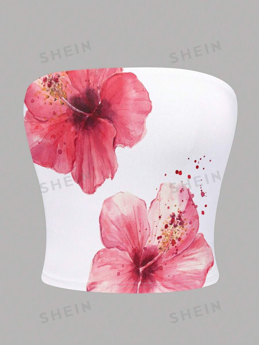 SHEIN EZwear Y2K Hibiscus Flowers Graphic Bandeau Tube Top | SHEIN UK