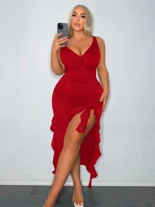 SHEIN SXY Plus Size Summer Asymmetrical Ruffle Hem High Slit Design ...