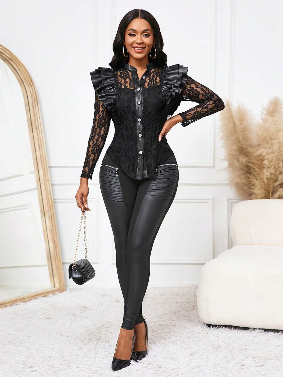 SHEIN Lady เสื้อคาร์ดิแกนของผู้หญิงที่มีปะแปะลูกไม้ดำ ปักพลิ้ว,เสื้อแจ็คเก็ตสำหรับผู้หญิงยุค ...