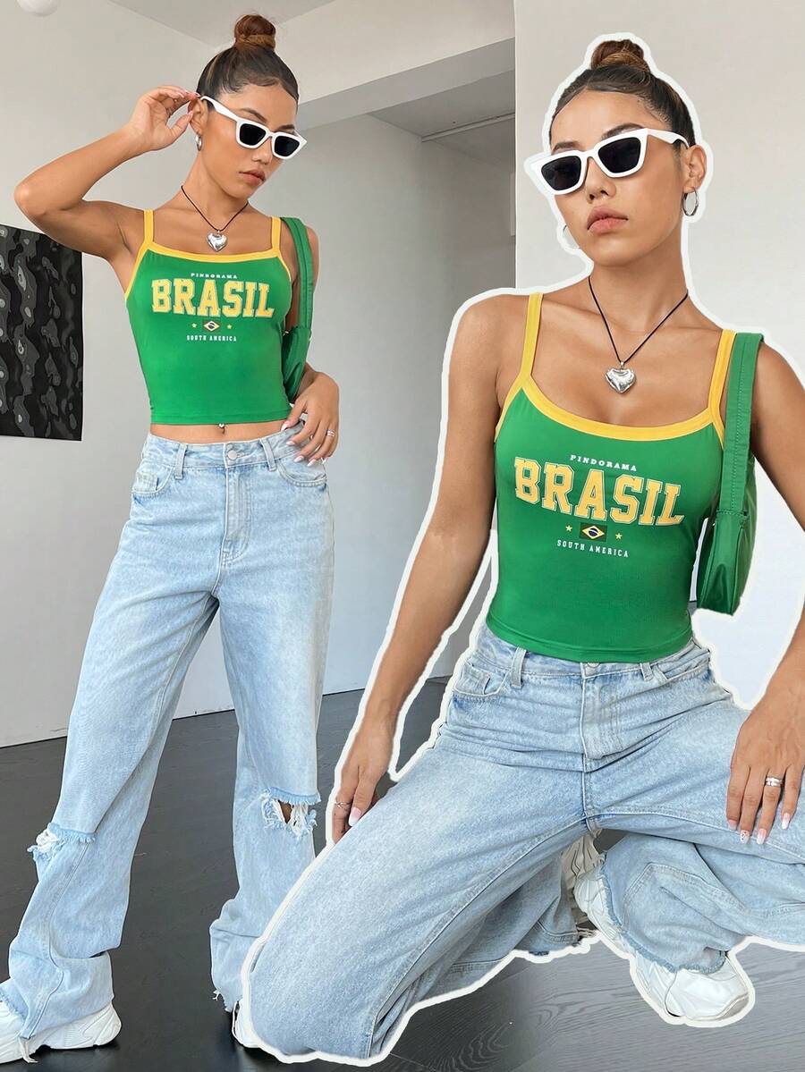 SHEIN EZwear Green Brazil Letter Graphic Contrast Binding Cami Top ...