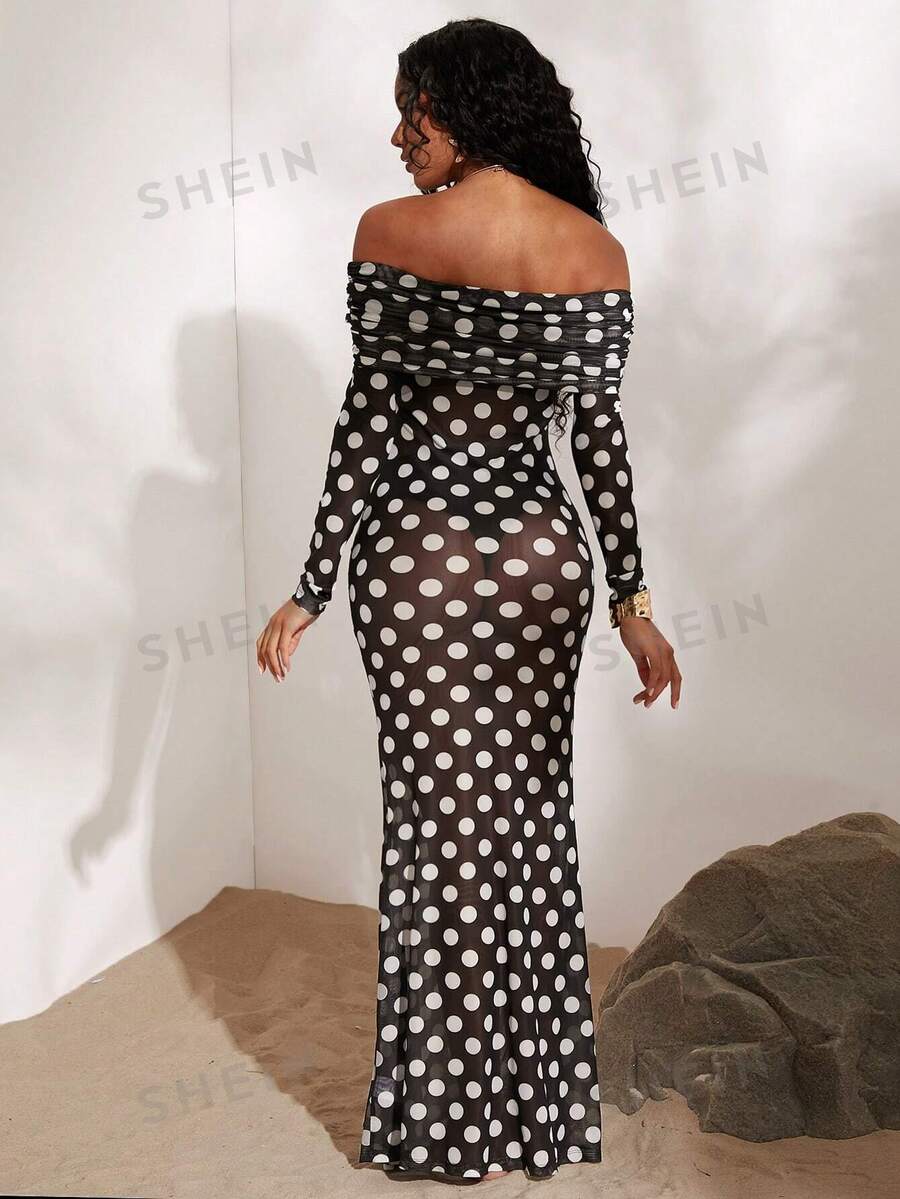 SHEIN VCAY Leisure Knit Mesh Classic Polka Dot Pattern Off Shoulder ...