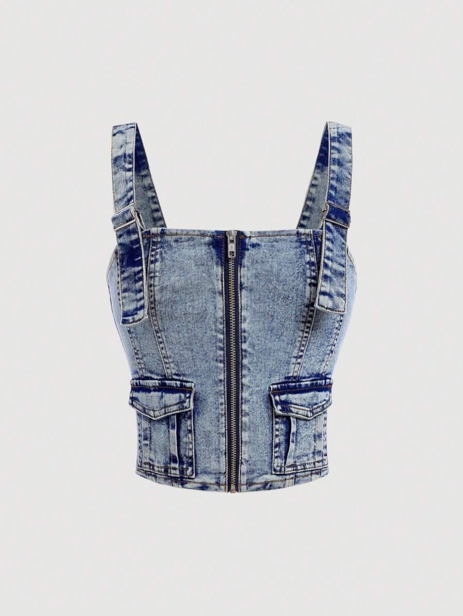 SHEIN Tween Girls' Y2K Trendy Stonewashed Zip Front Denim Cami Top With ...