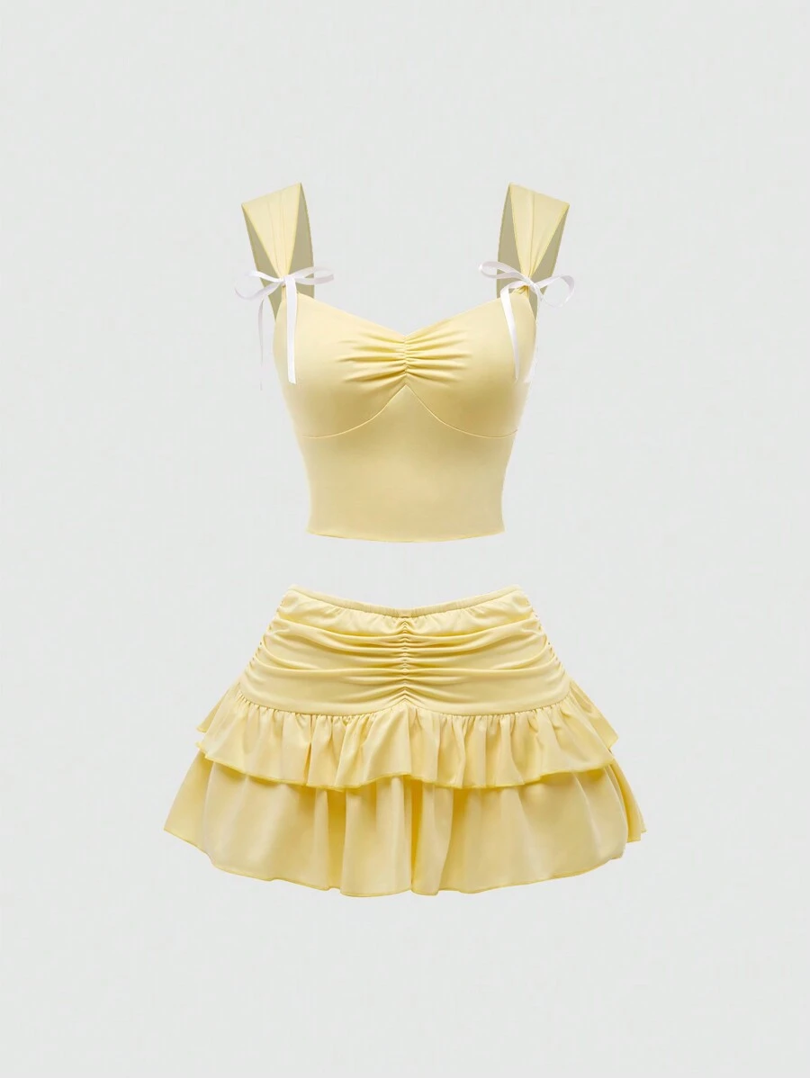 Sweetra Women'S Lace Camisole With Ruffled Chest And Bow Decoration Low ...