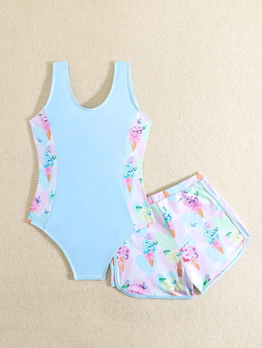 Tween Girls One-Piece Swimsuit, Macaron Colored Ice Cream Printed Two ...