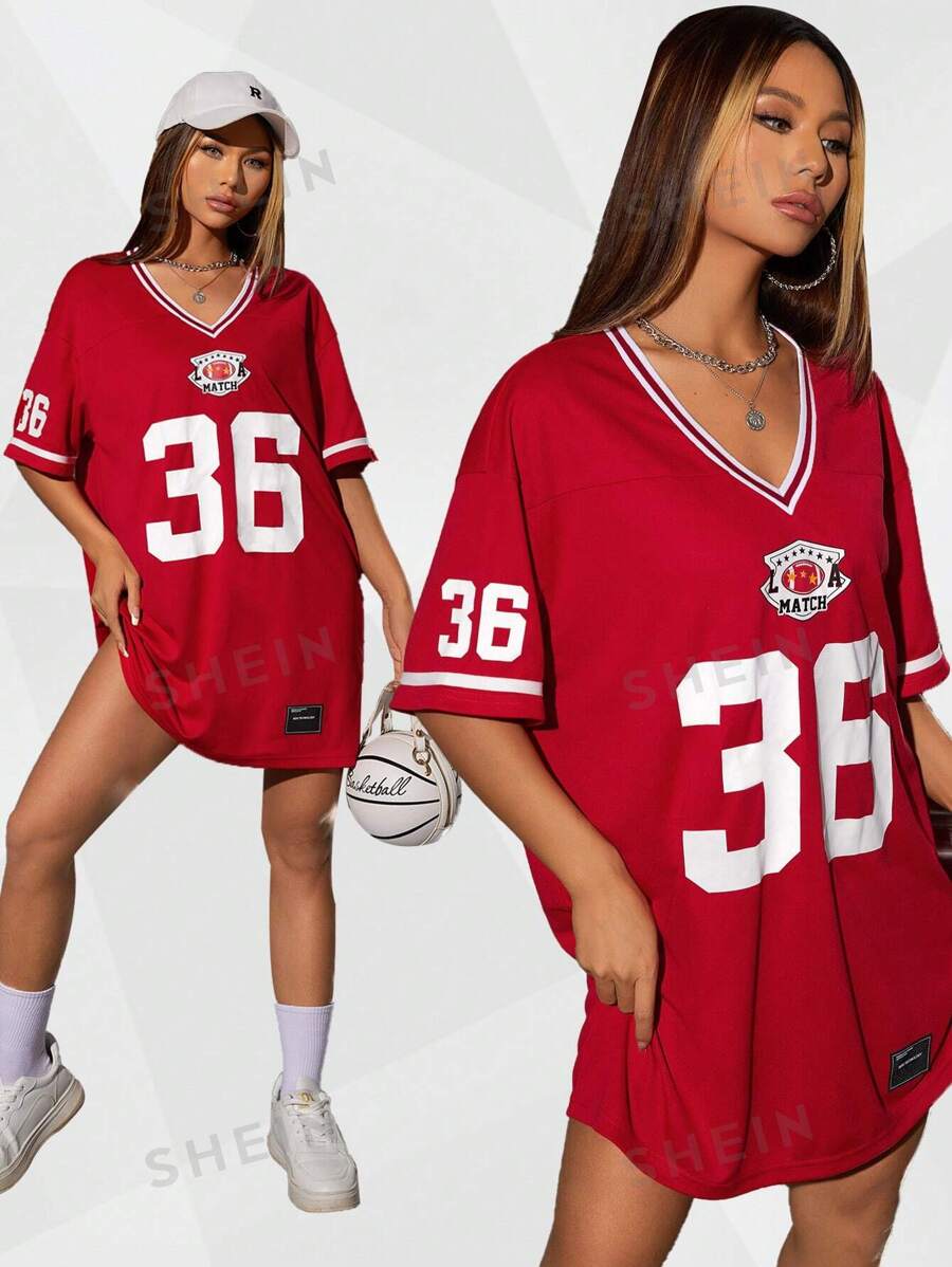 SHEIN EZwear Rugby And Monogram Patchwork Detail Dropped Shoulder V-Neck T-Shirt Dress for Sale ...