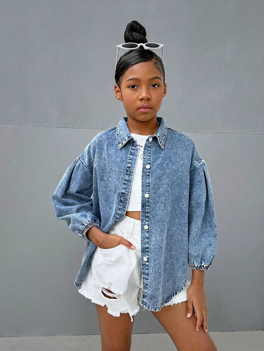 SHEIN Tween Girl Y2K Causal Stonewashed Drop Shoulder Baggy Soft Denim ...