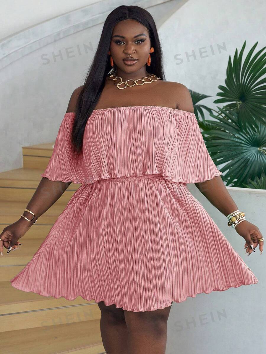 SHEIN Slayr Plus Size Off-Shoulder Ruffled Neckline Loose Green Dress ...