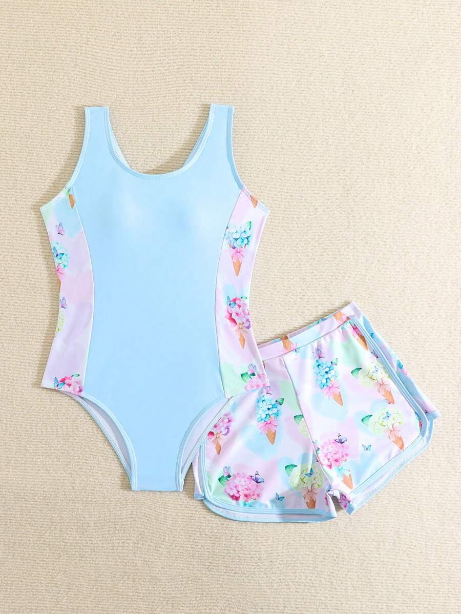 Tween Girls One-Piece Swimsuit, Macaron Colored Ice Cream Printed Two ...