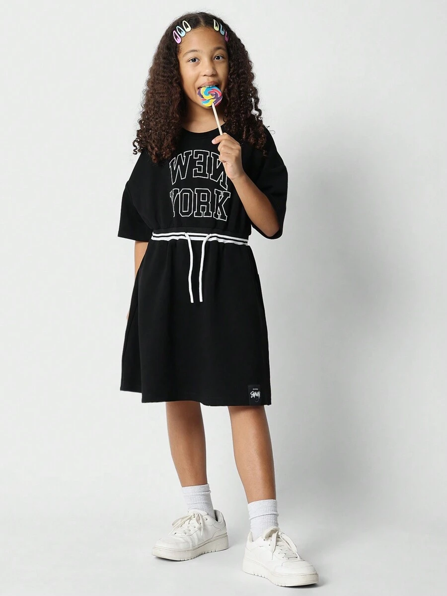 SUMWON Tween Girls Tee Dress With Front New York Graphic Print And Tie ...