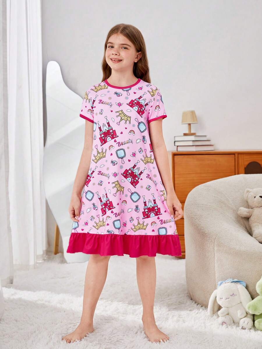 SHEIN Tween Girl Summer Cute Castle Pattern Short Sleeve Frill Hem ...