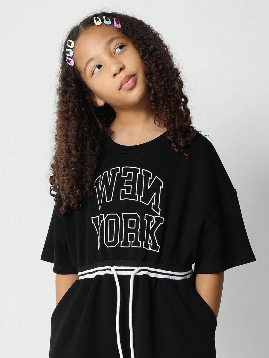 SUMWON Tween Girls Tee Dress With Front New York Graphic Print And Tie ...