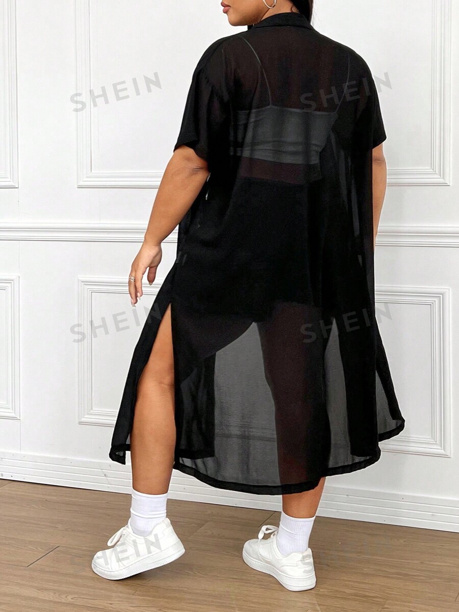 SHEIN CURVE+ Camisa de vacaciones larga y semi-transparente tamaño Curve Plus, negra, con ...