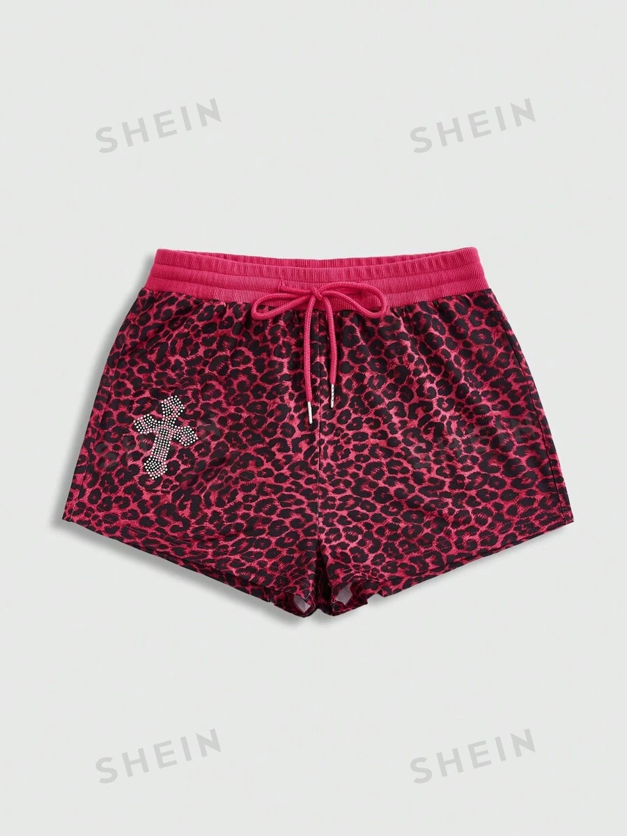 ROMWE Grunge Punk Y2K Street Style Cross Rhinestone Leopard Print High Waisted Mini Shorts With ...