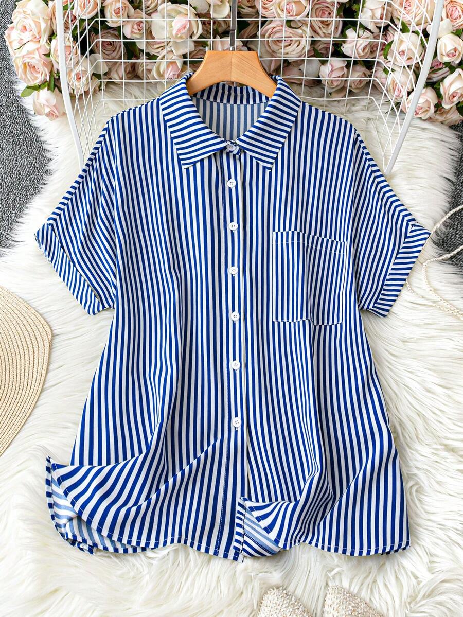 Plus Striped Print Batwing Sleeve Shirt For Dailywear | SHEIN USA