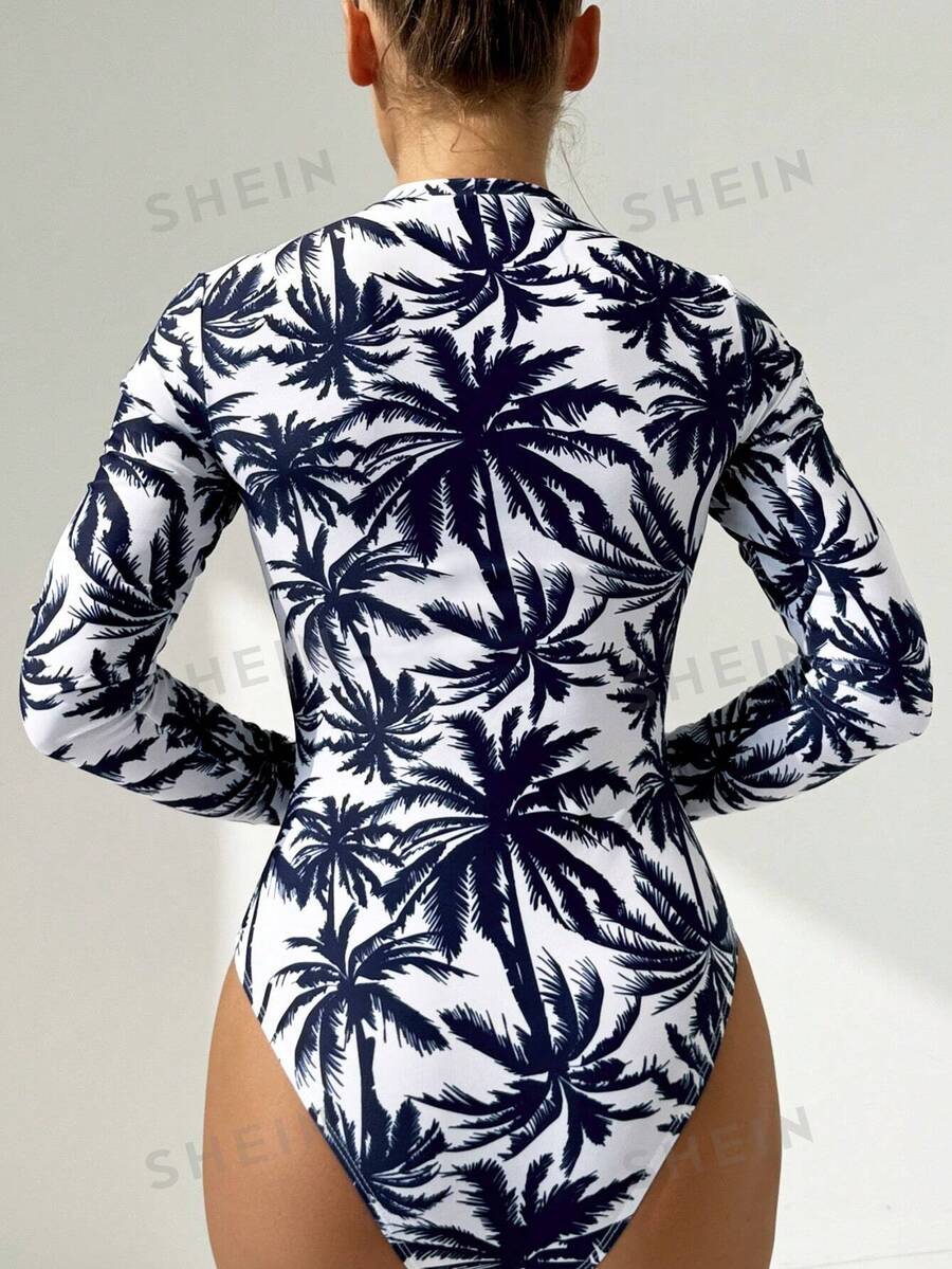 SHEIN Swim SPRTY Women's Palm Tree Printed Zipper Rash Guard Long ...
