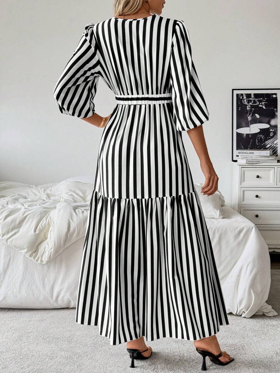 SHEIN Relaxiva V-Neck Striped Midi Dress With Lantern Sleeves And Tie ...