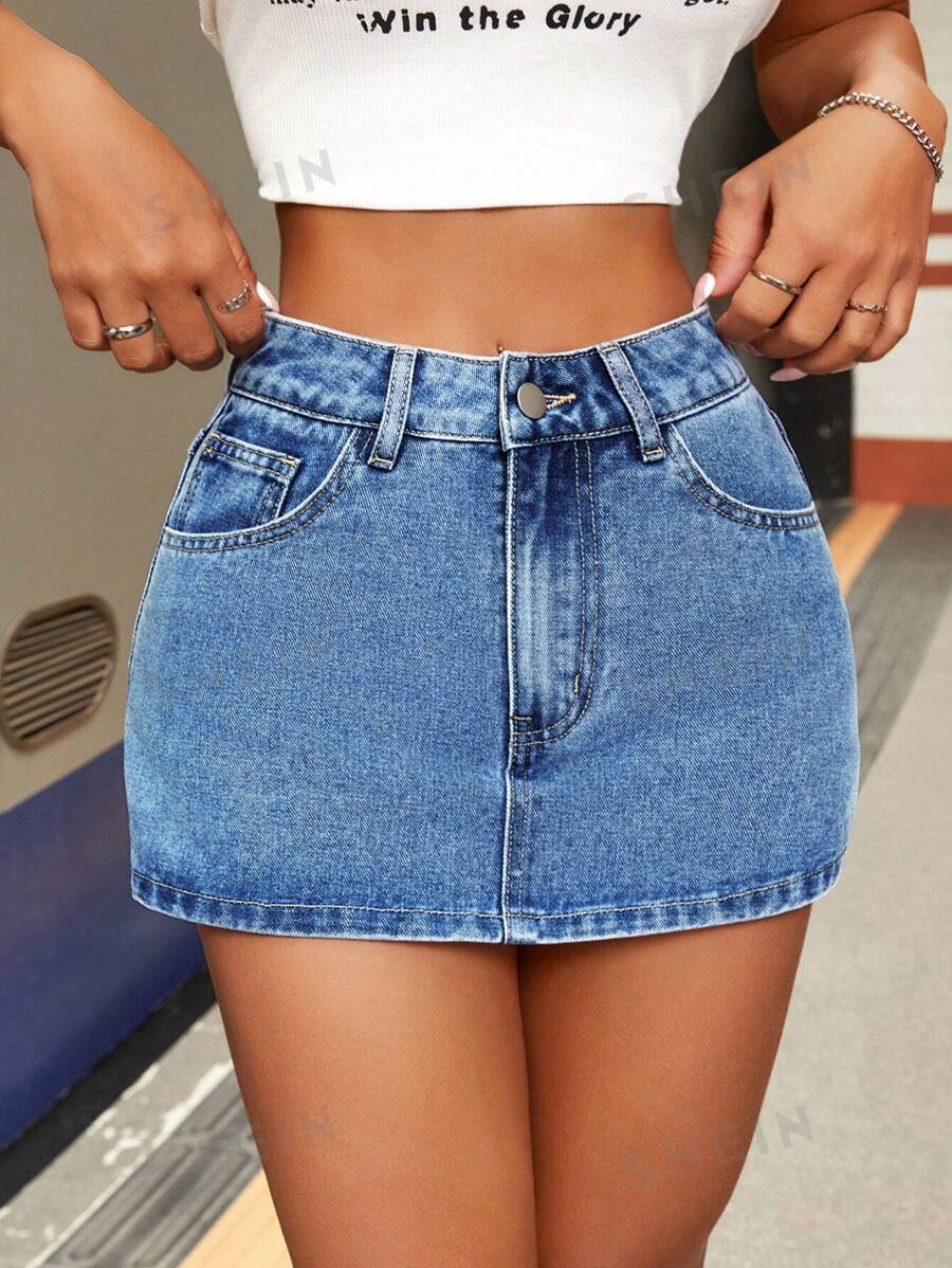 SHEIN PETITE Jupe-short en denim serrée unie pour femme avec poches ...