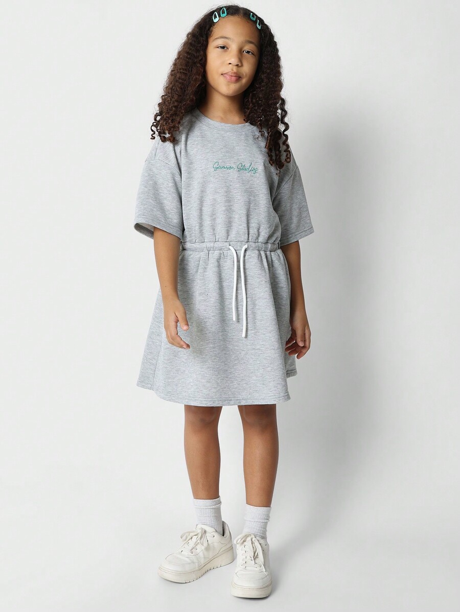SUMWON Tween Girls Tee Dress With Front Logo Print And Tie Waist Detail ...