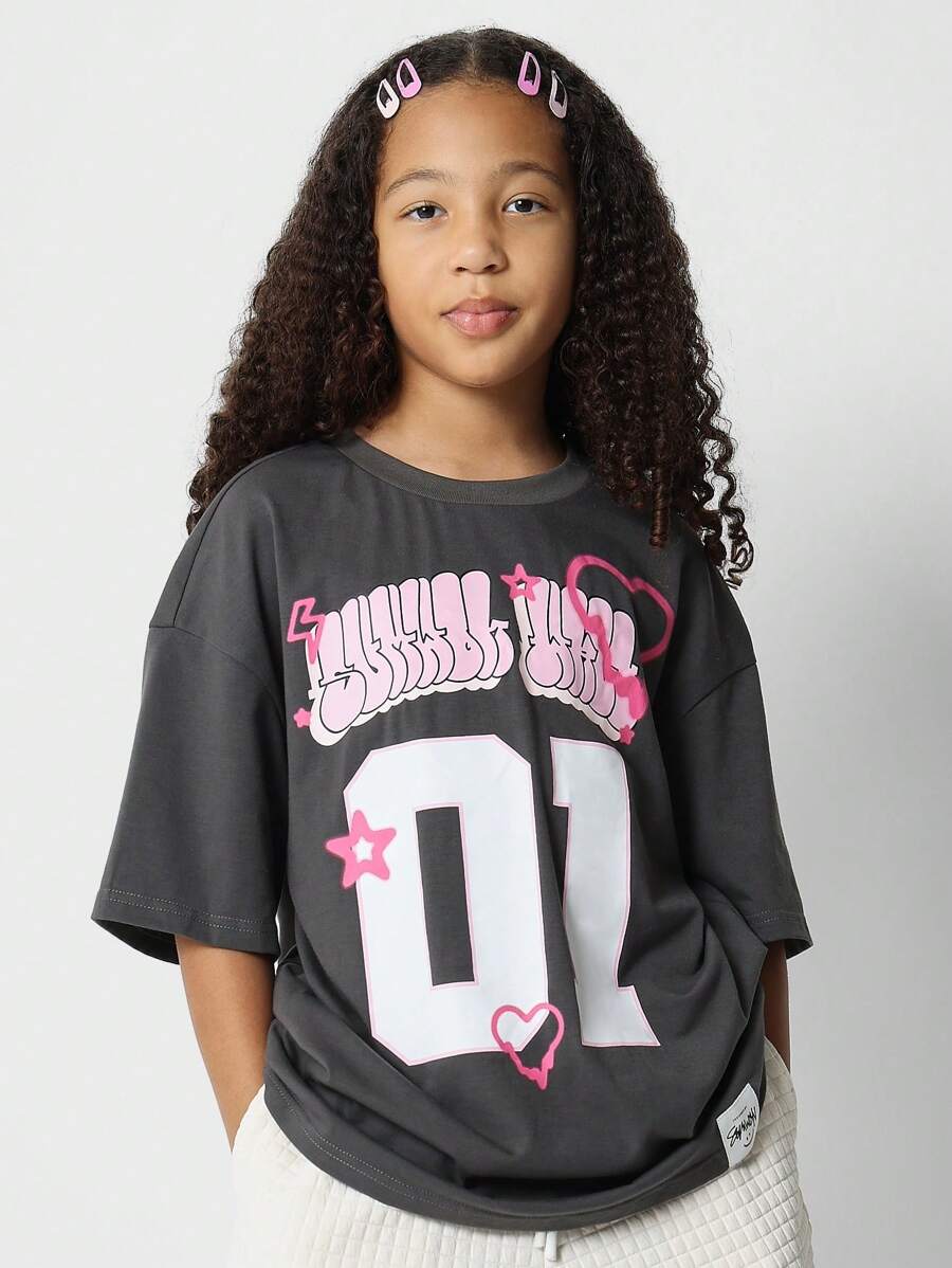 SUMWON Tween Girls Oversized Fit Tee With Front Print Graphic | SHEIN USA