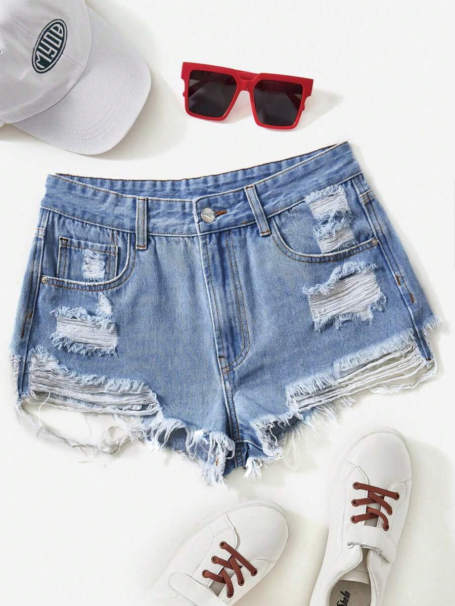 SHEIN EZwear Women Distressed Frayed Edge Denim Shorts For Spring And ...