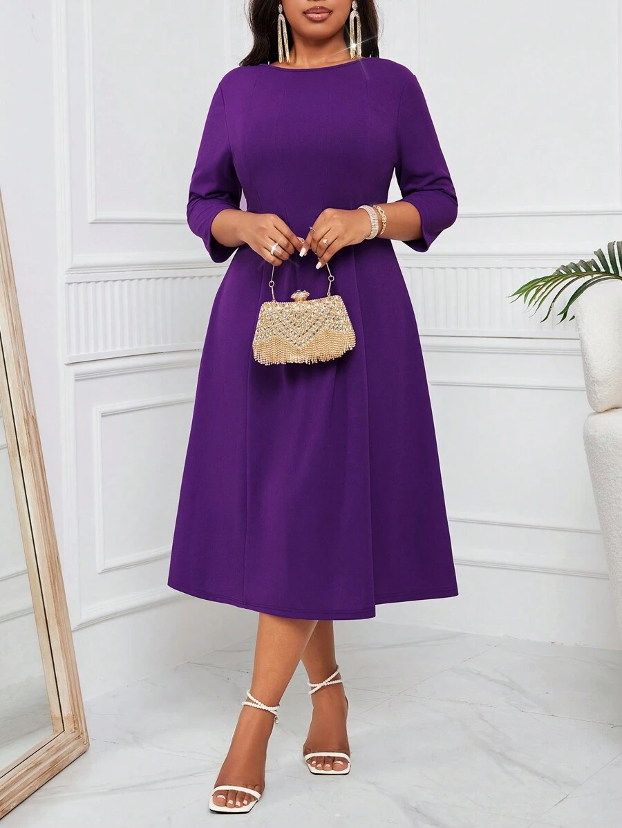 SHEIN Lady Plus Size Women's Elegant Commuting Purple Pleated A-Line Midi Dress With Waistband ...