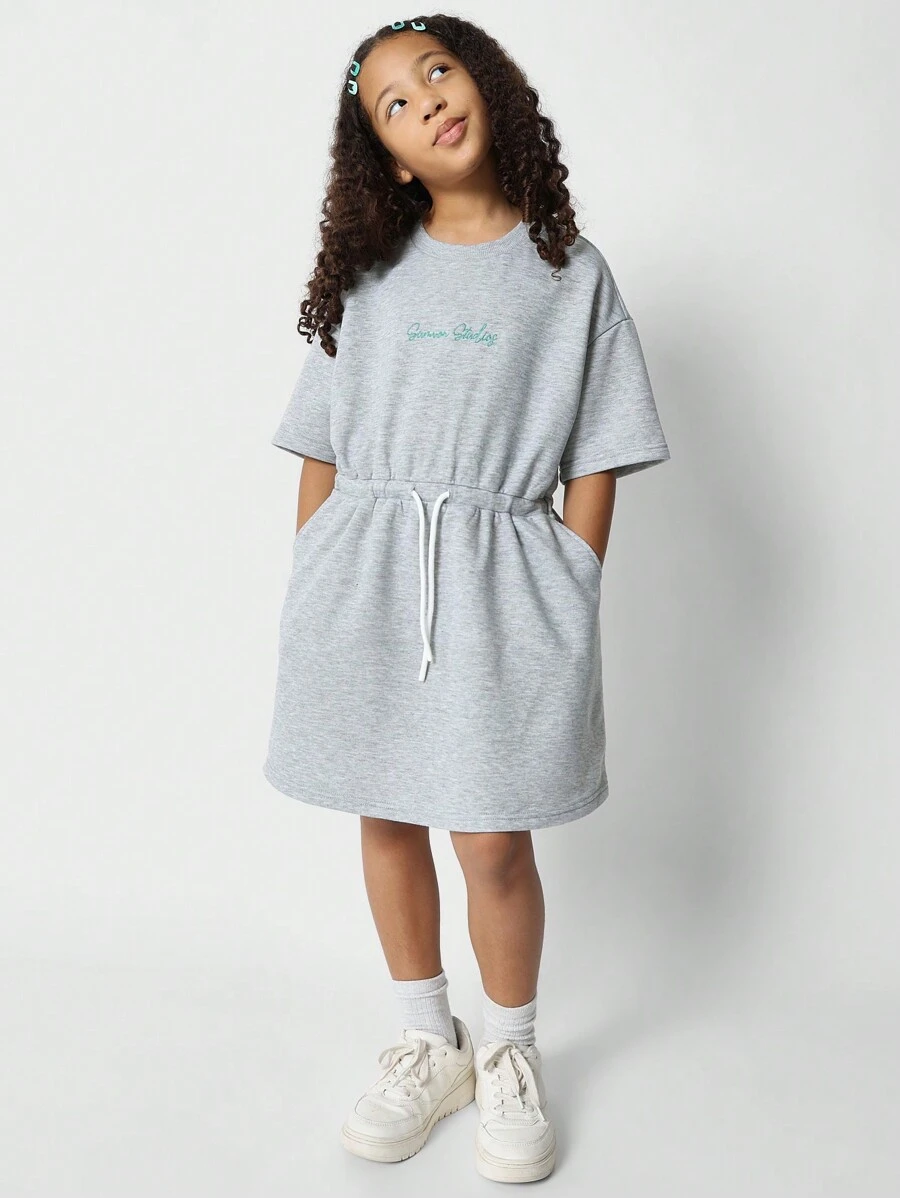 SUMWON Tween Girls Tee Dress With Front Logo Print And Tie Waist Detail ...