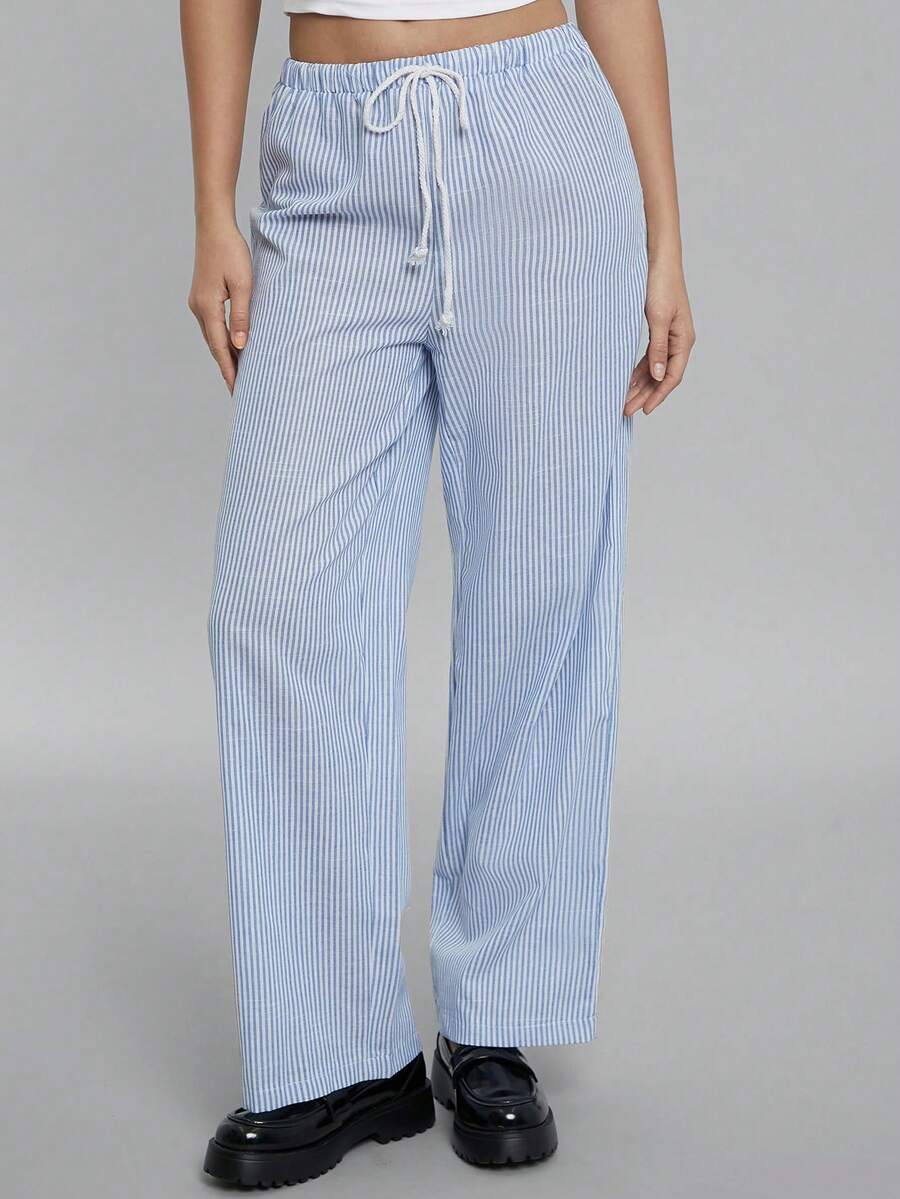 SHEIN EZwear Striped Women's Linen Low Rise Pants, Summer Vocation ...