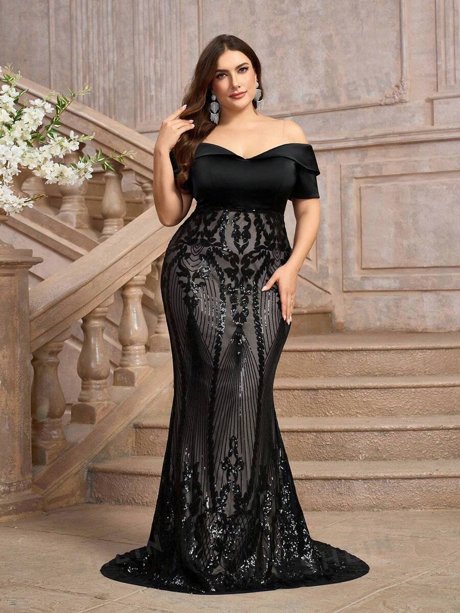 SHEIN Belle Plus Size Đen Faux Sheer Sang trọng 3D Vải hoa nhiều lớp Ruffle Khe cao Trang phục ...