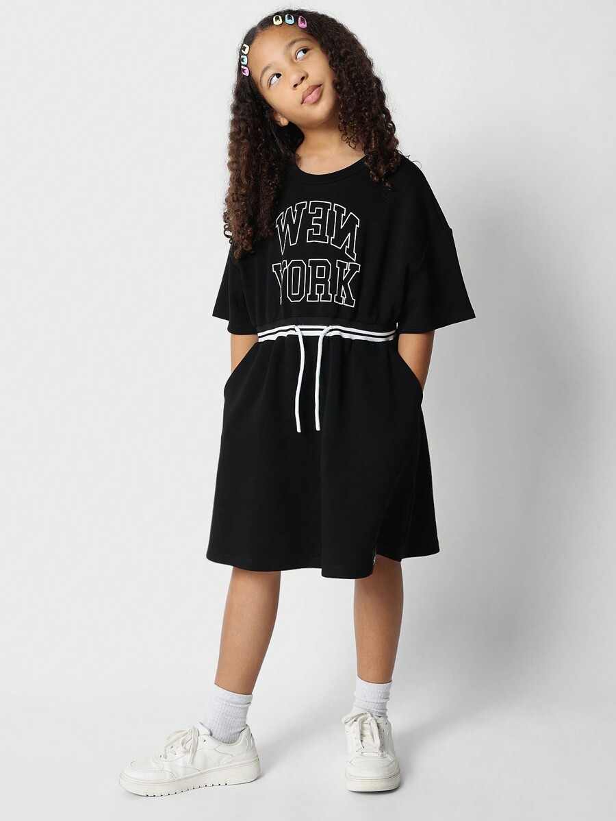 SUMWON Tween Girls Tee Dress With Front New York Graphic Print And Tie ...